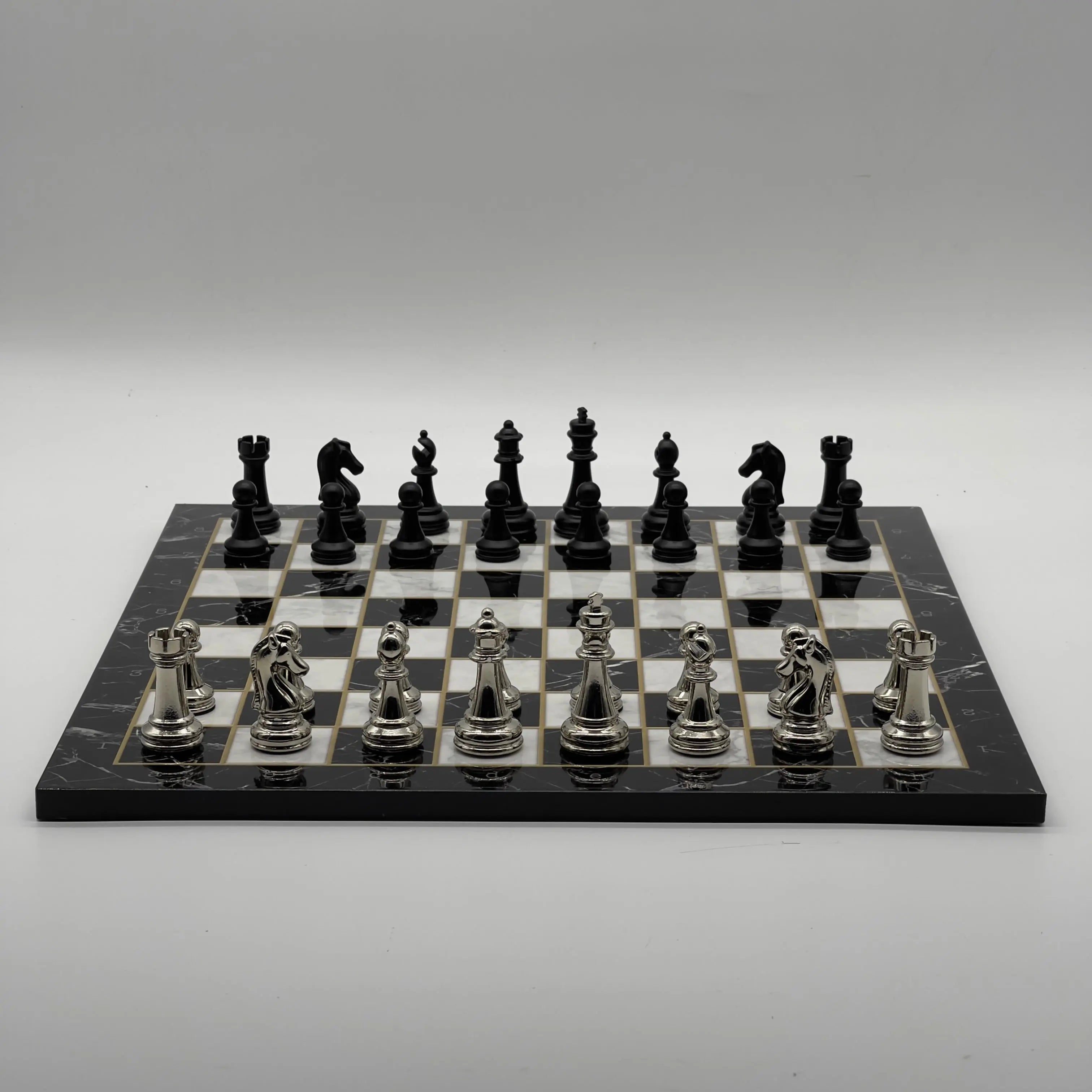 Folding Chess Set With Black Marble Chess Board Metal Chess Pieces ...