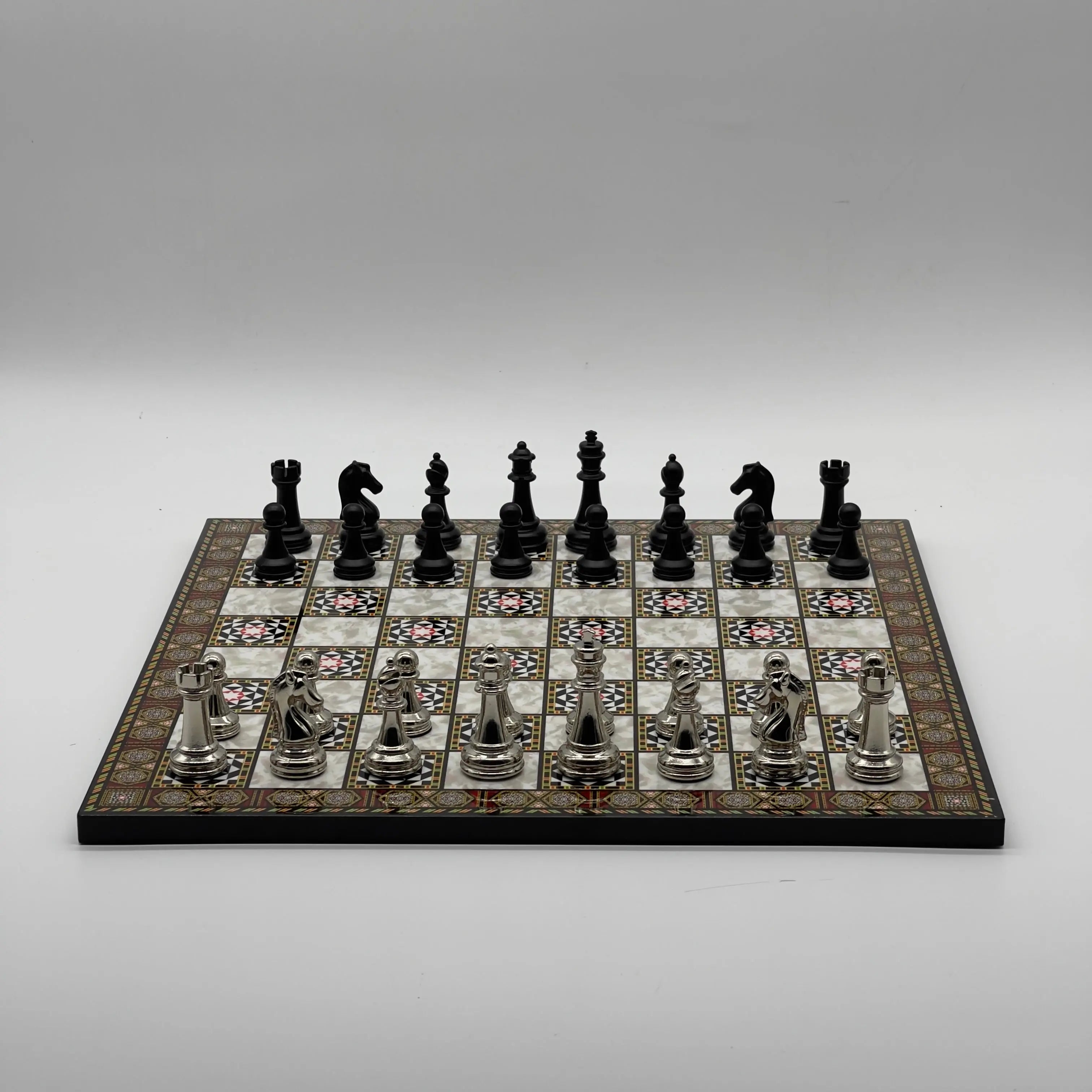Folding Chess Set With Mosaic Chess Board & Matte Metal Chess Pieces ...