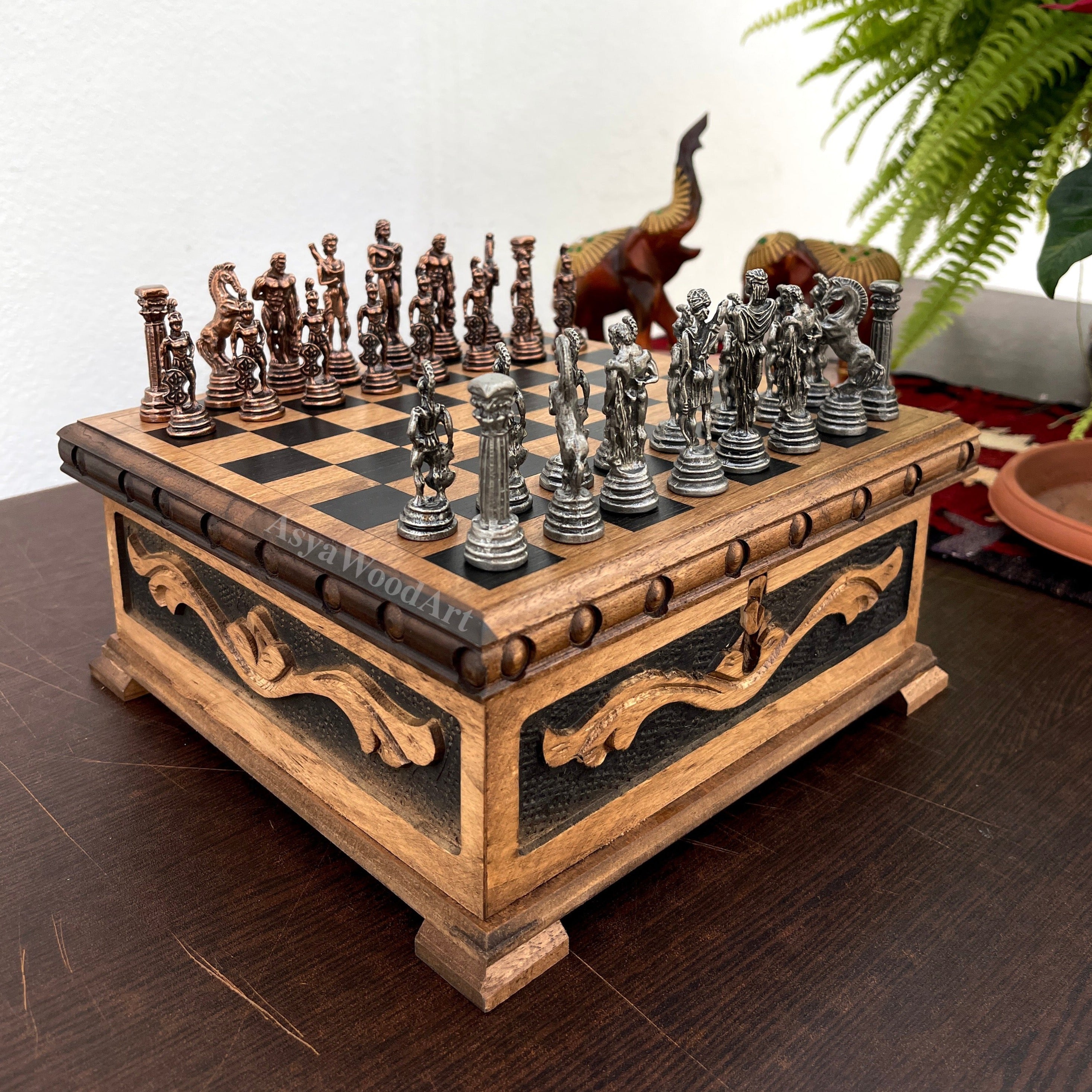 Boxed Puzzle Chess Set With Hidden Compartment With Chess Board-Pieces ...